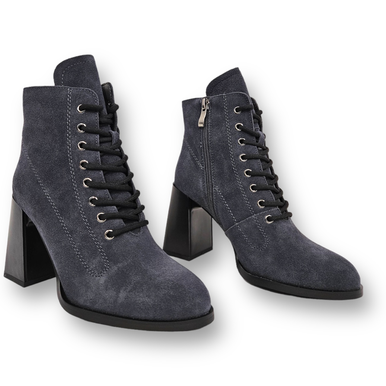 BOTINE DAMA din PIELE NATURALA INTOARSA CU TOC GROS CRL0899 CULOARE:GRI ...