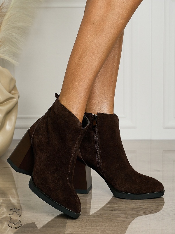 Botine elegante din piele naturală întoarsă cu toc gros – SN5004