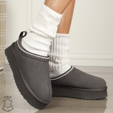 PAPUCI DAMA TIP UG din PIELE NATURALA INTOARSA CRL1268 CULOARE: GRI INCHIS